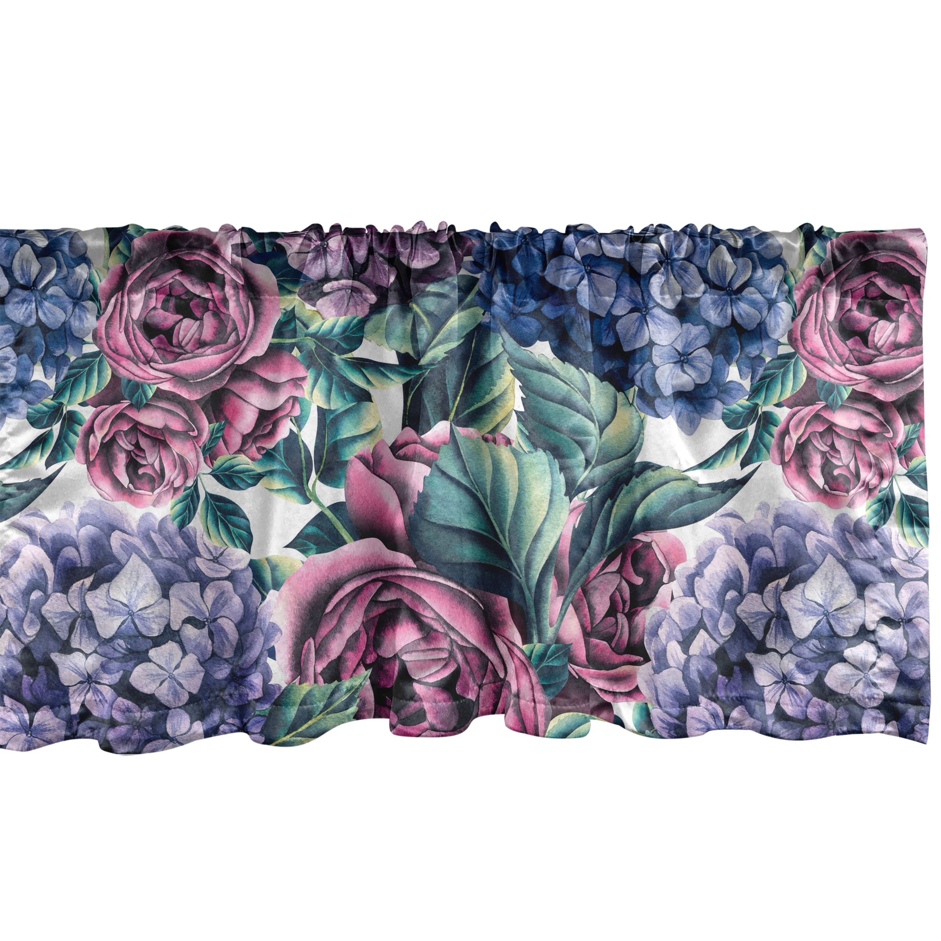 Flowers Boho Window Valance, Garden Scene Rose and Hydrangea Pattern ...