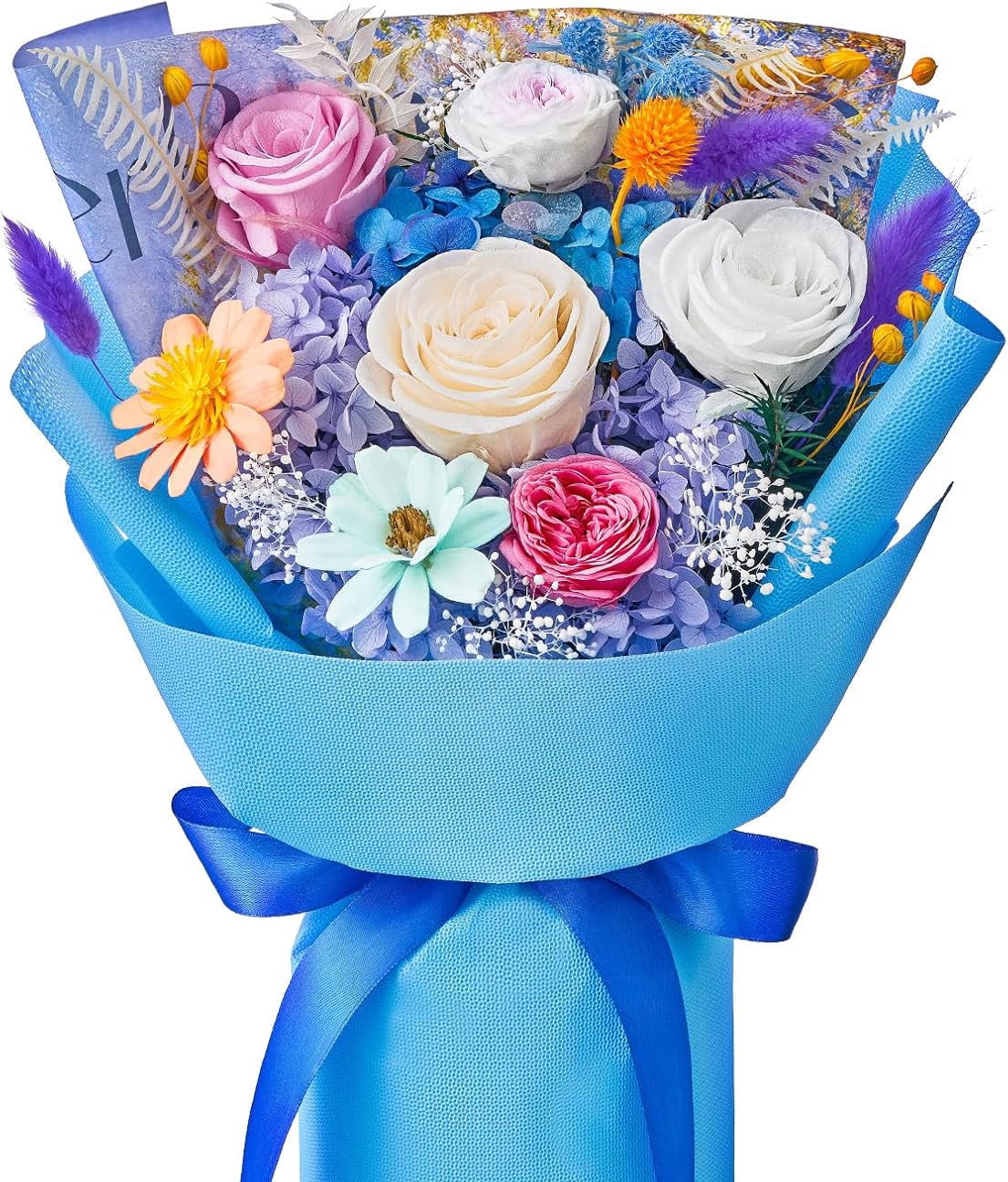 Flowers Bouquet Preserved Roses Gift (Pink Champagne White Roses, Blue ...