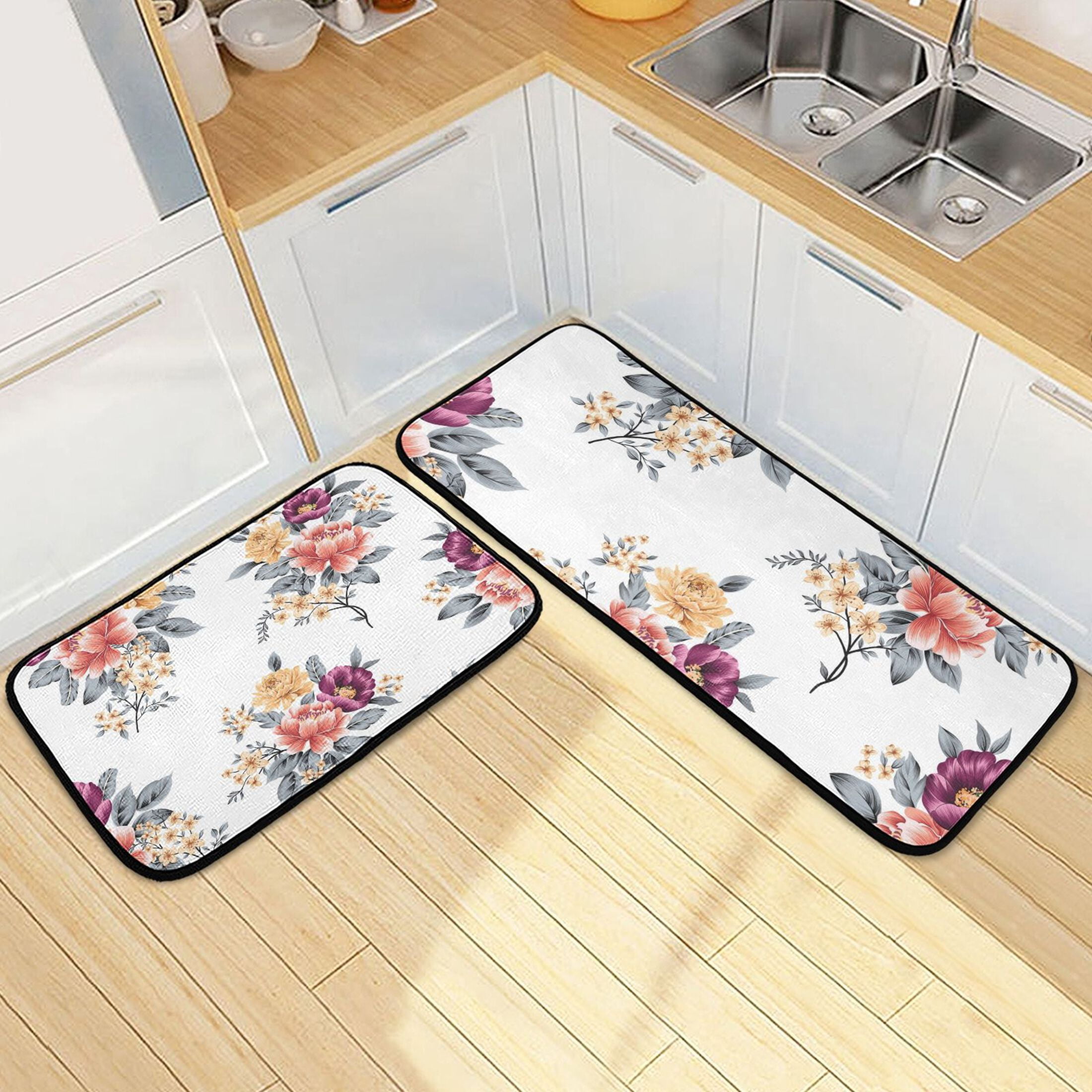 Flowers Bunches with Grey Leaves Kitchen Mats Set 2 Piece Non Slip ...