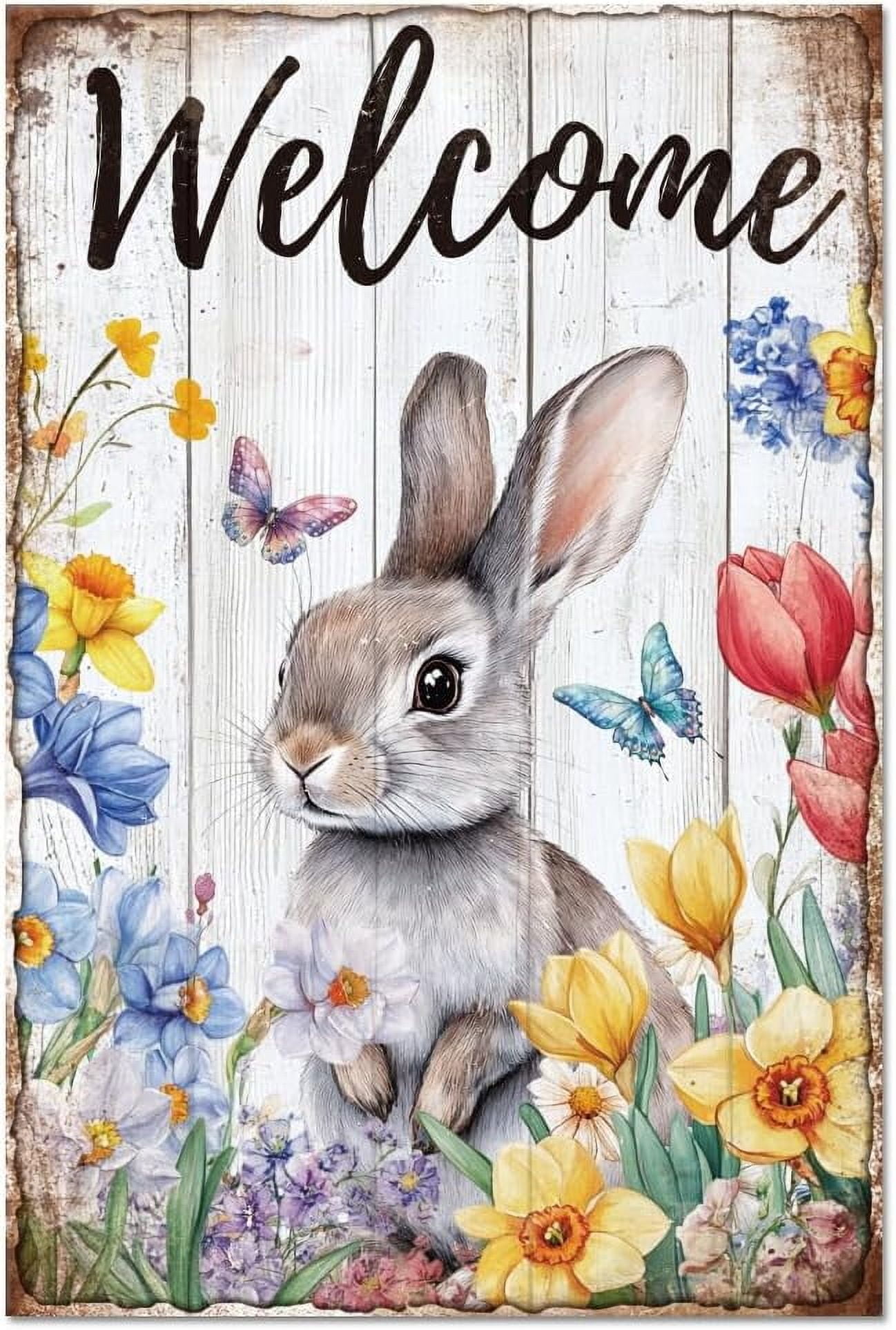 Flowers Bunny Metal Tin Sign 8x12in Vintage Rabbit Floral Tin Painting ...