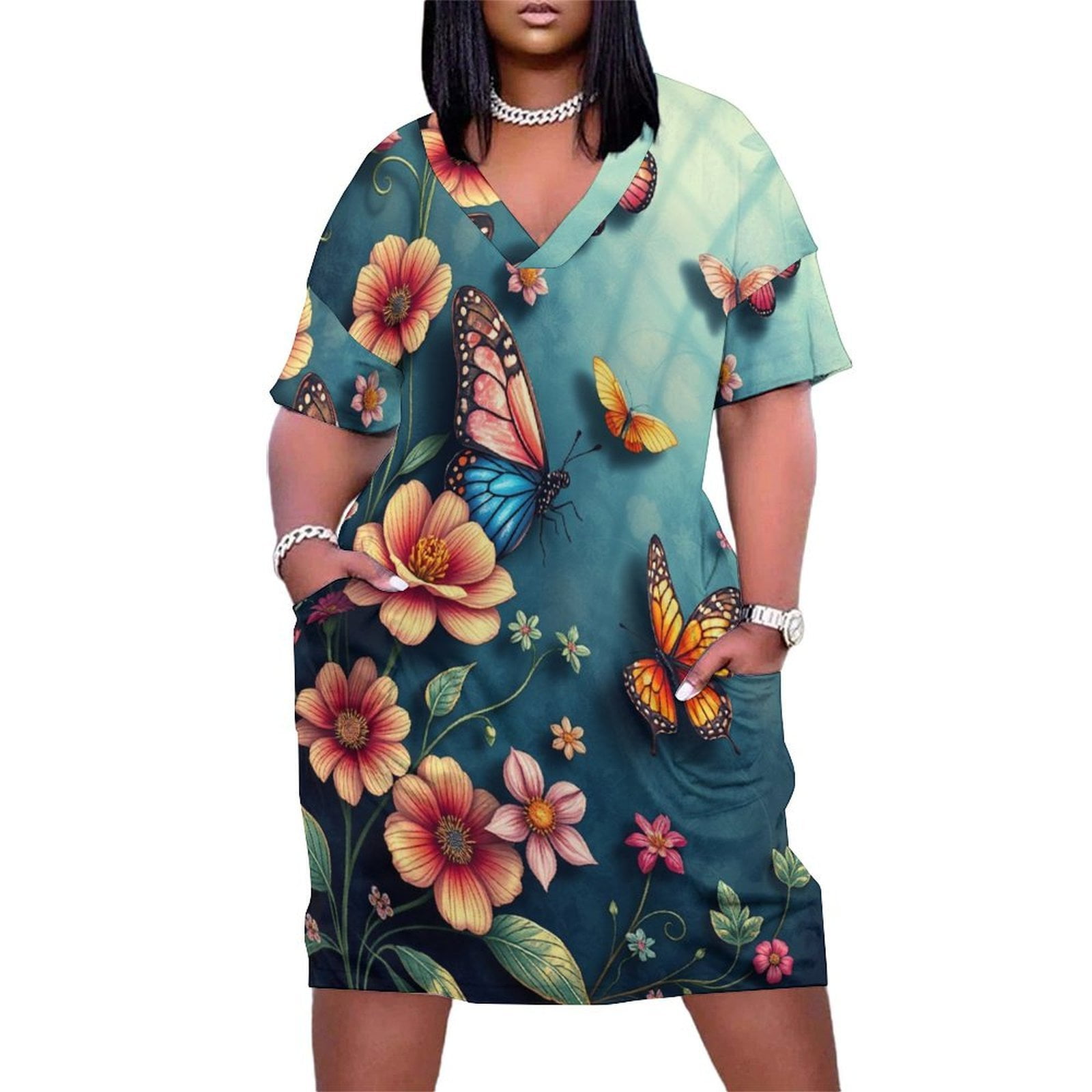 Flowers Butterflies Beauty Loose Pocket Dress Summer Dress Woman 2025 Trendy Women"s Clothing ...