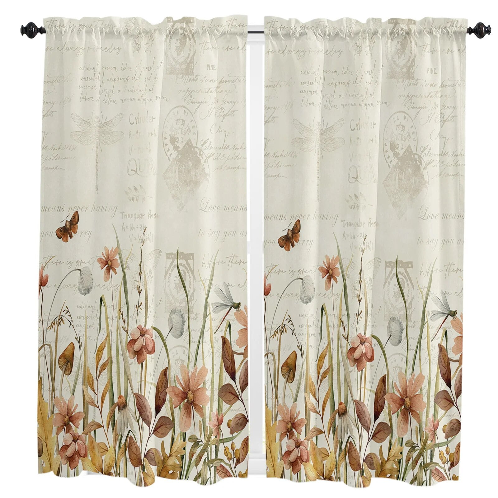 Flowers Butterflies Dragonflies Leaves Rod Pocket Short Curtain Half ...