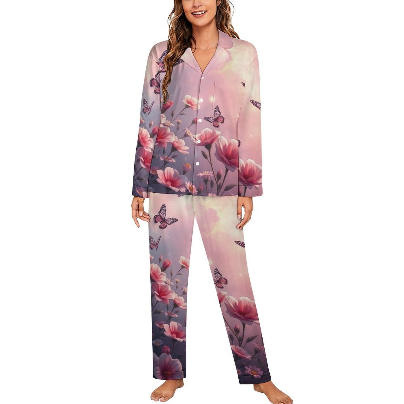 Flowers Butterflies Sky Pajamas Long-Sleeve Two Piece Pajamas Set Women ...