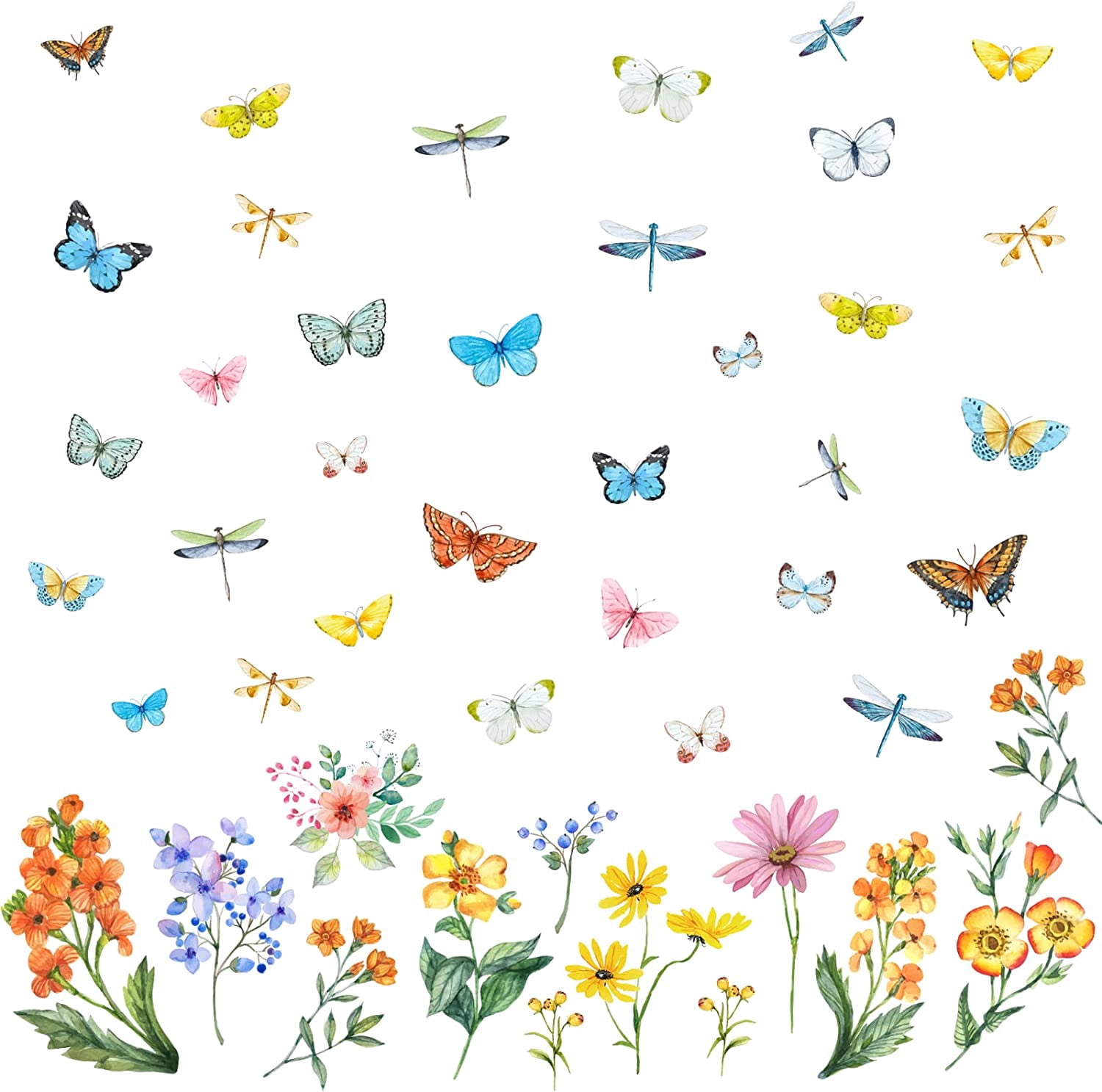 Flowers Butterflies Wall Decals Chrysanthemums Stickers Dragonflies Art ...