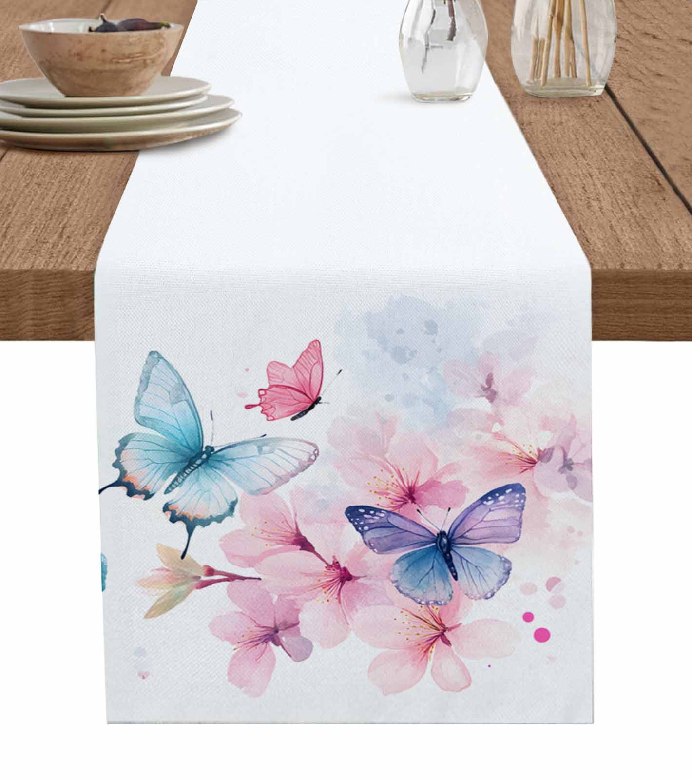 Flowers Butterfly Burlap Cotton Table Runner 13x70 Inches Long, Simple ...