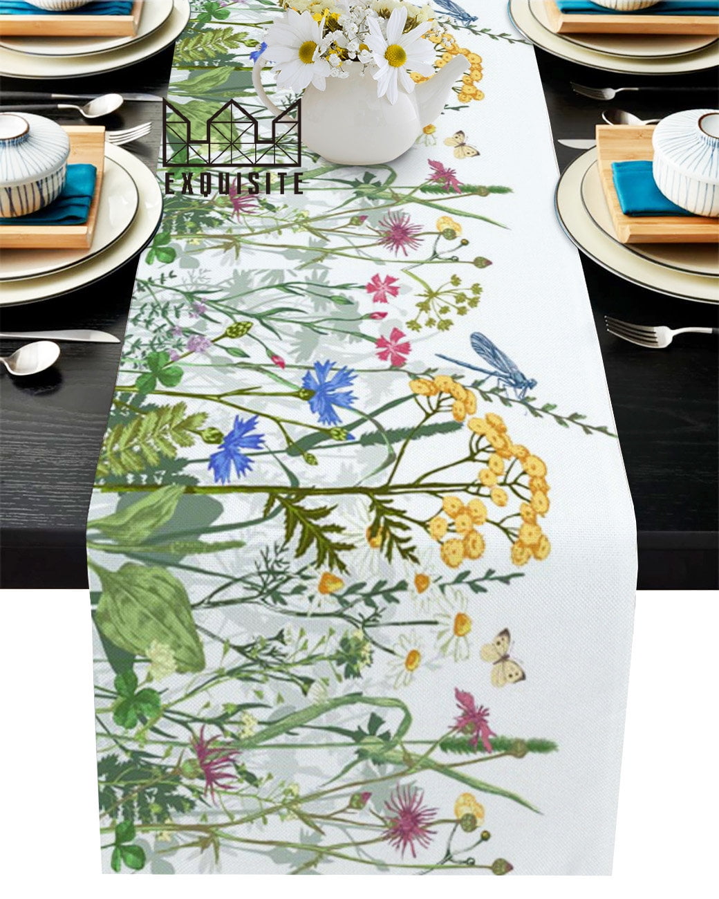 Flowers Butterfly Dragonfly Wings Green Plant Table Runner ration Home ...