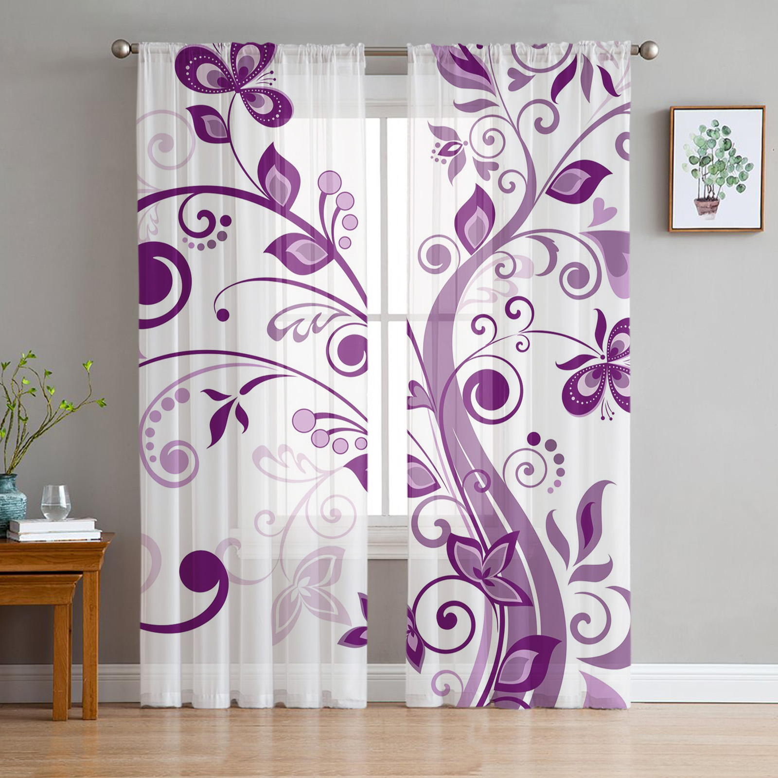 Flowers Butterfly Leaves Tulle Sheer Window Curtains for Living Room ...