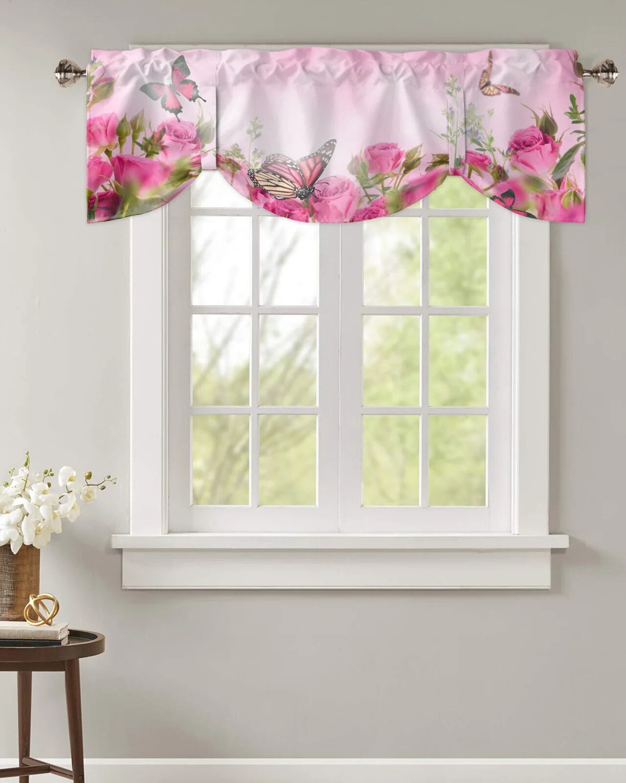 Flowers Butterfly Rose Window Curtain Kitchen Cabinet Coffee Tie-Up Valance Curtain Rod Pocket ...