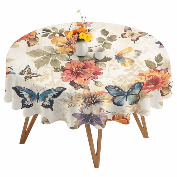 Flowers Butterfly Round Tablecloth 54 inches Leaf Floral Retro ...
