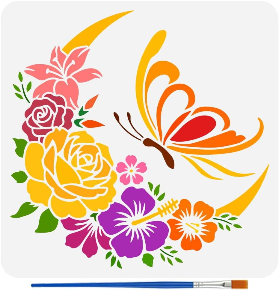 Flowers Butterfly Stencil DIY for Painting with Brush 11.8x11.8inch Reusable Moon Flower Leaf ...