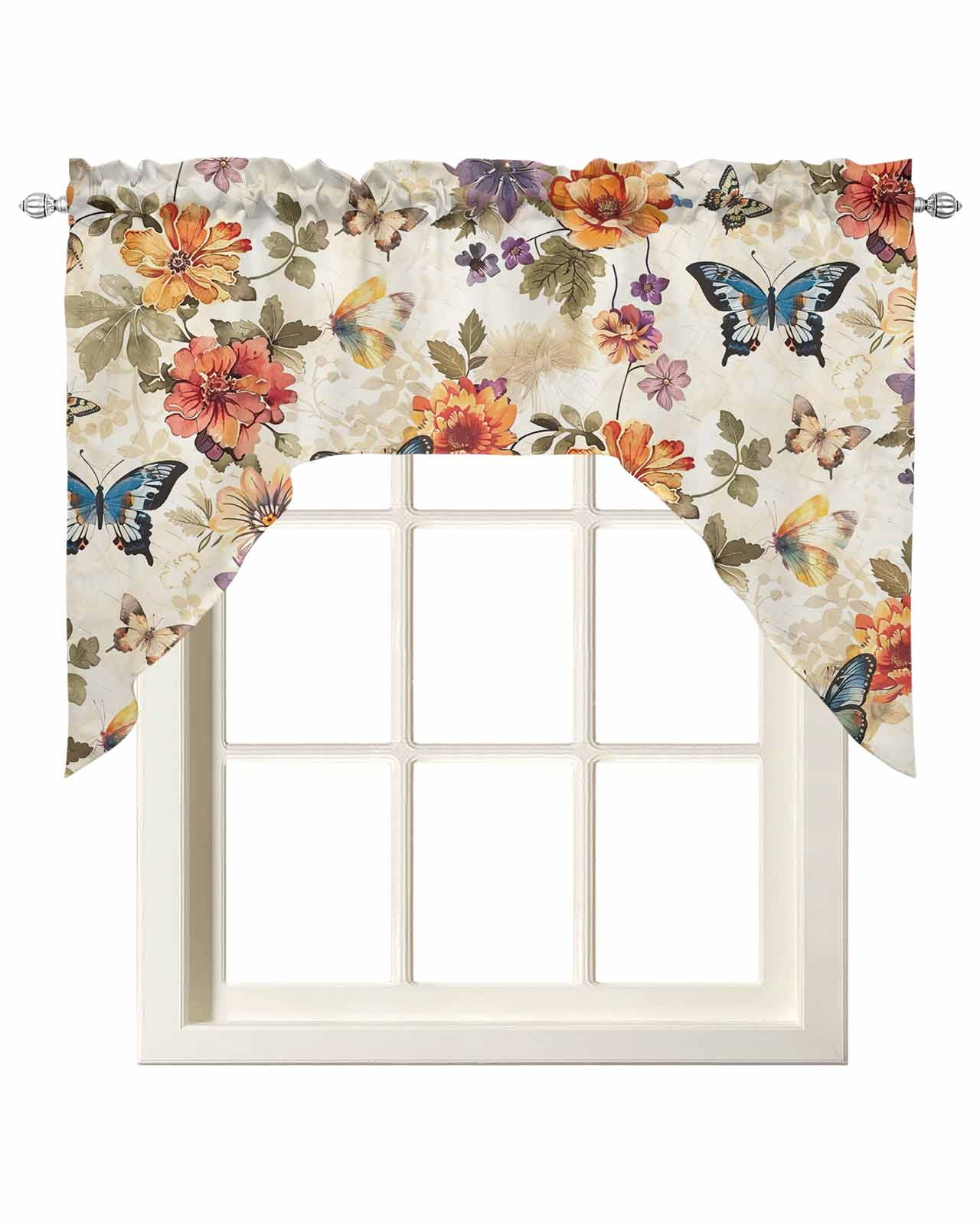Flowers Butterfly Swag Valance and Tier Curtains Set Leaf Floral Retro ...