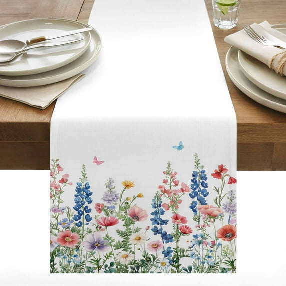 Flowers Butterfly Table Runner 13x120 inch Spring Cotton Linen Dining ...