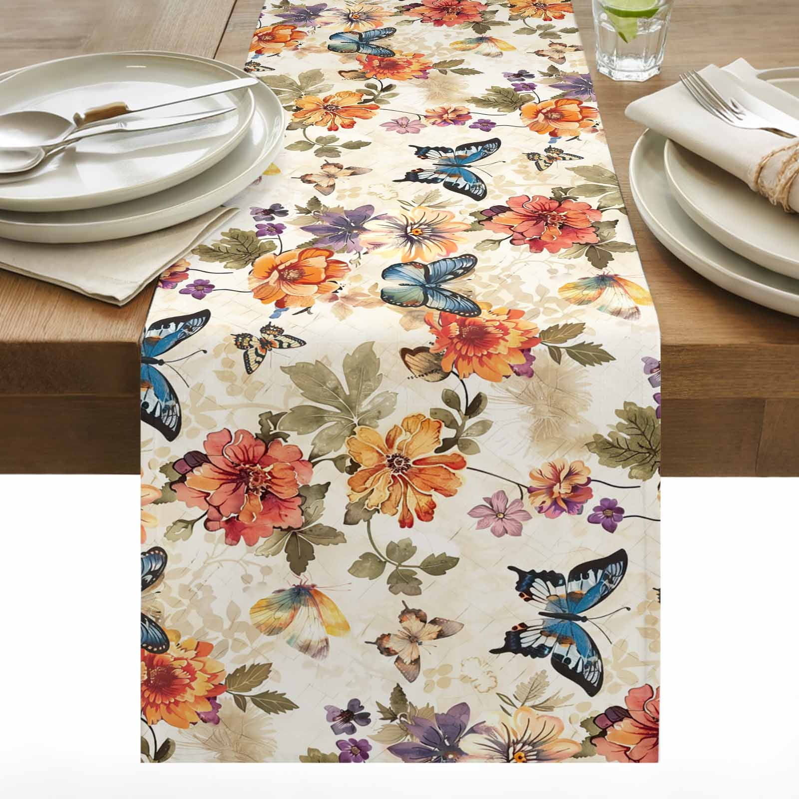 Flowers Butterfly Table Runner 13x60 inch Leaf Floral Cotton Linen ...