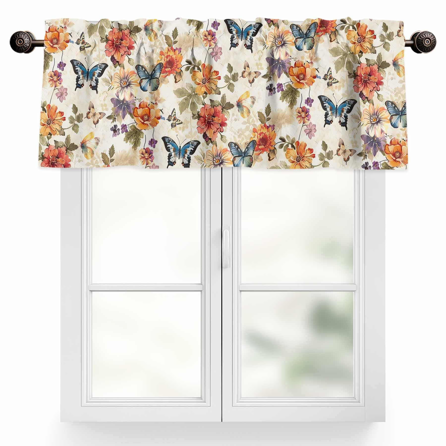 Flowers Butterfly Valances for Windows, 60 x 18in, Leaf Floral Retro ...