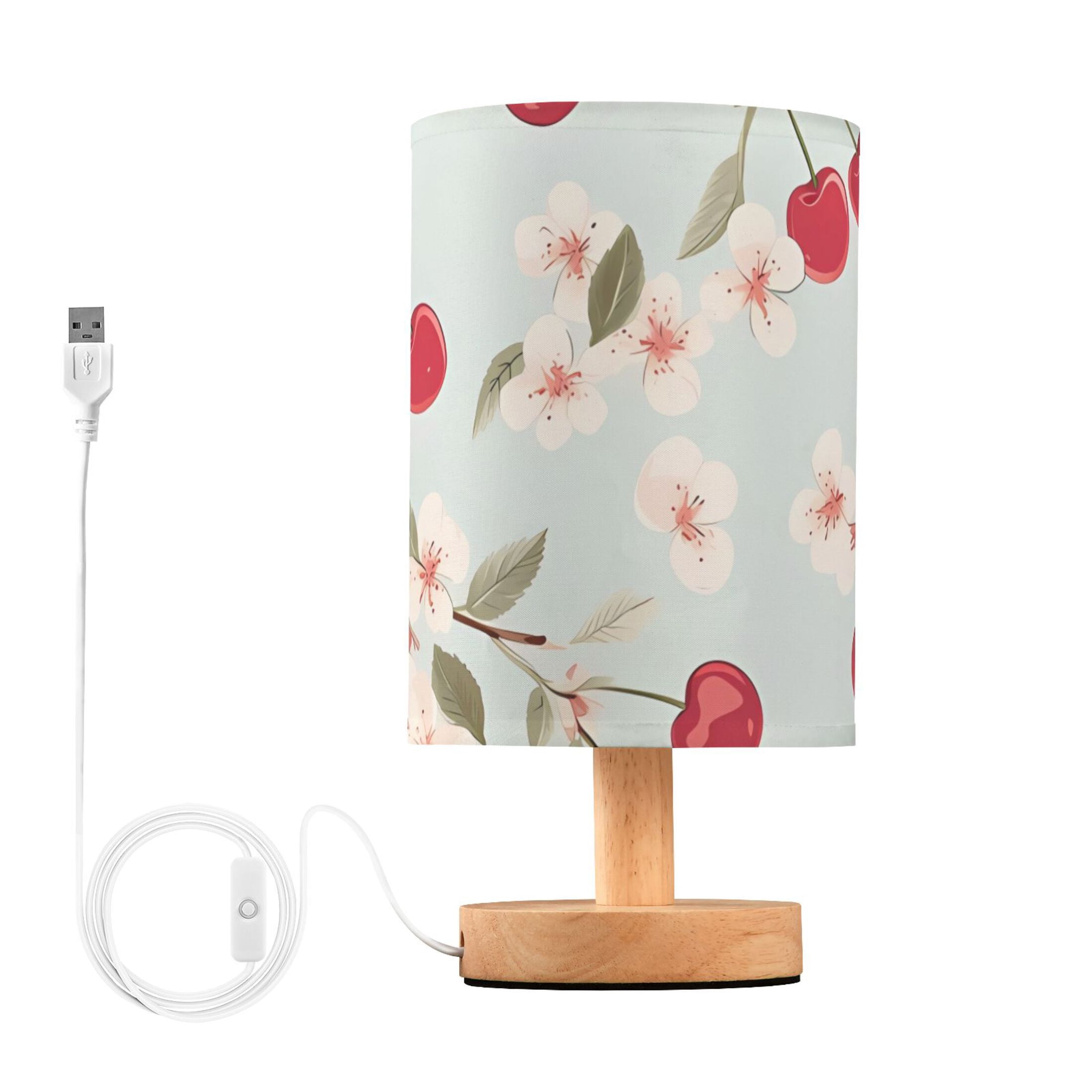 Flowers Cherry Print Bedside Table Lamp LED Warm Lights with USB ...