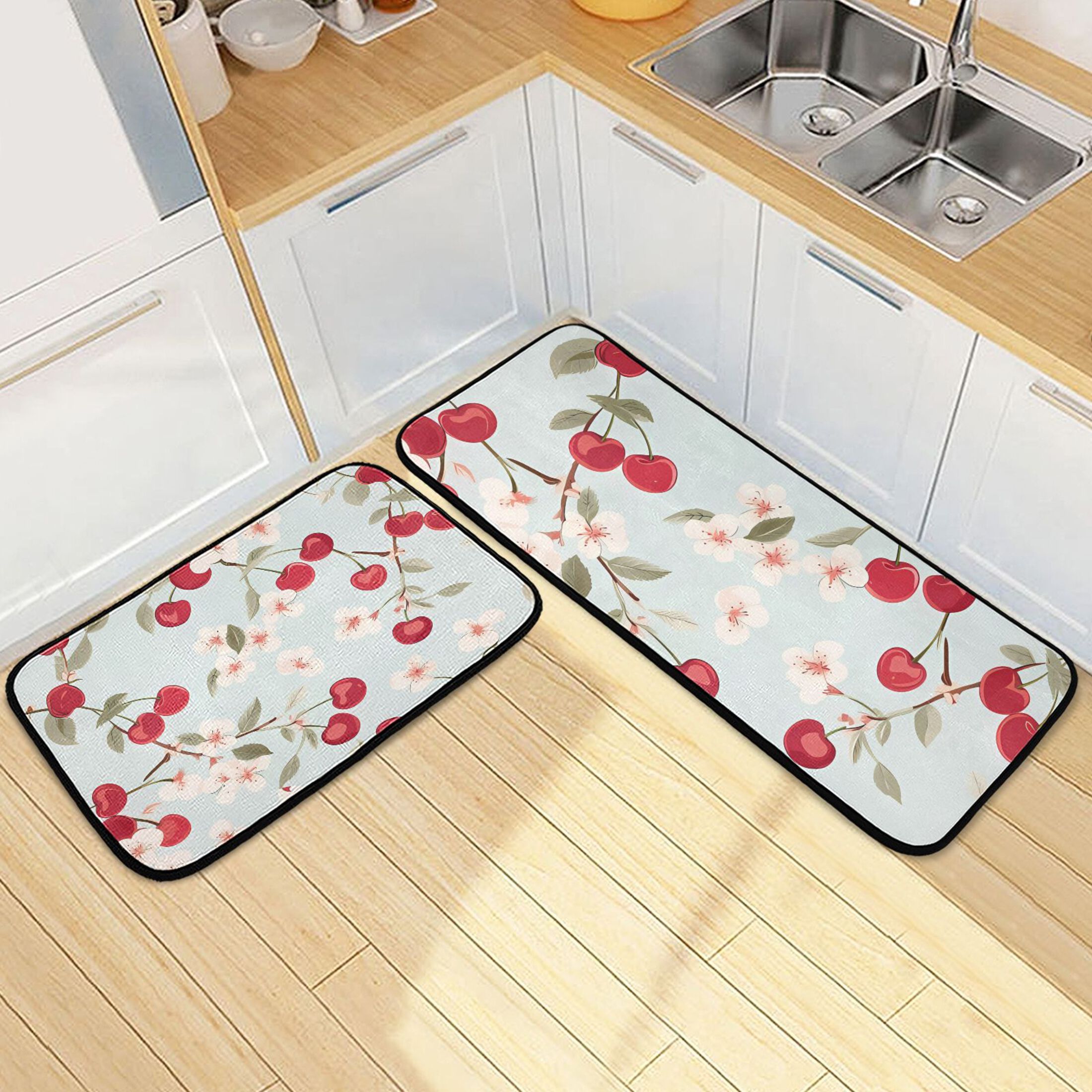 Flowers Cherry Print Kitchen Rugs Set of 2 Non Slip Floor Foam Mat ...