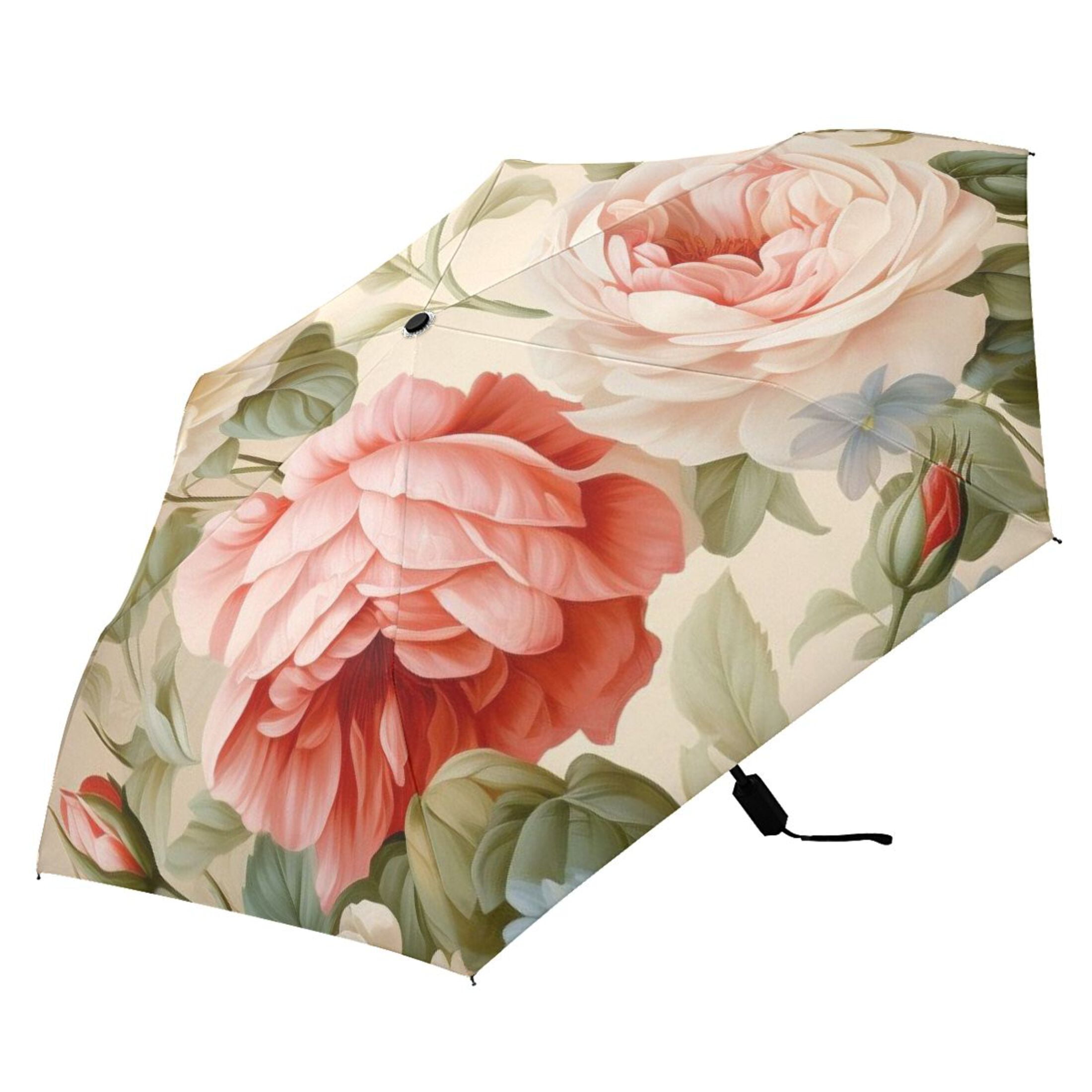 Flowers Compact Folding Umbrella for Rain Windproof Travel Umbrella UPF ...