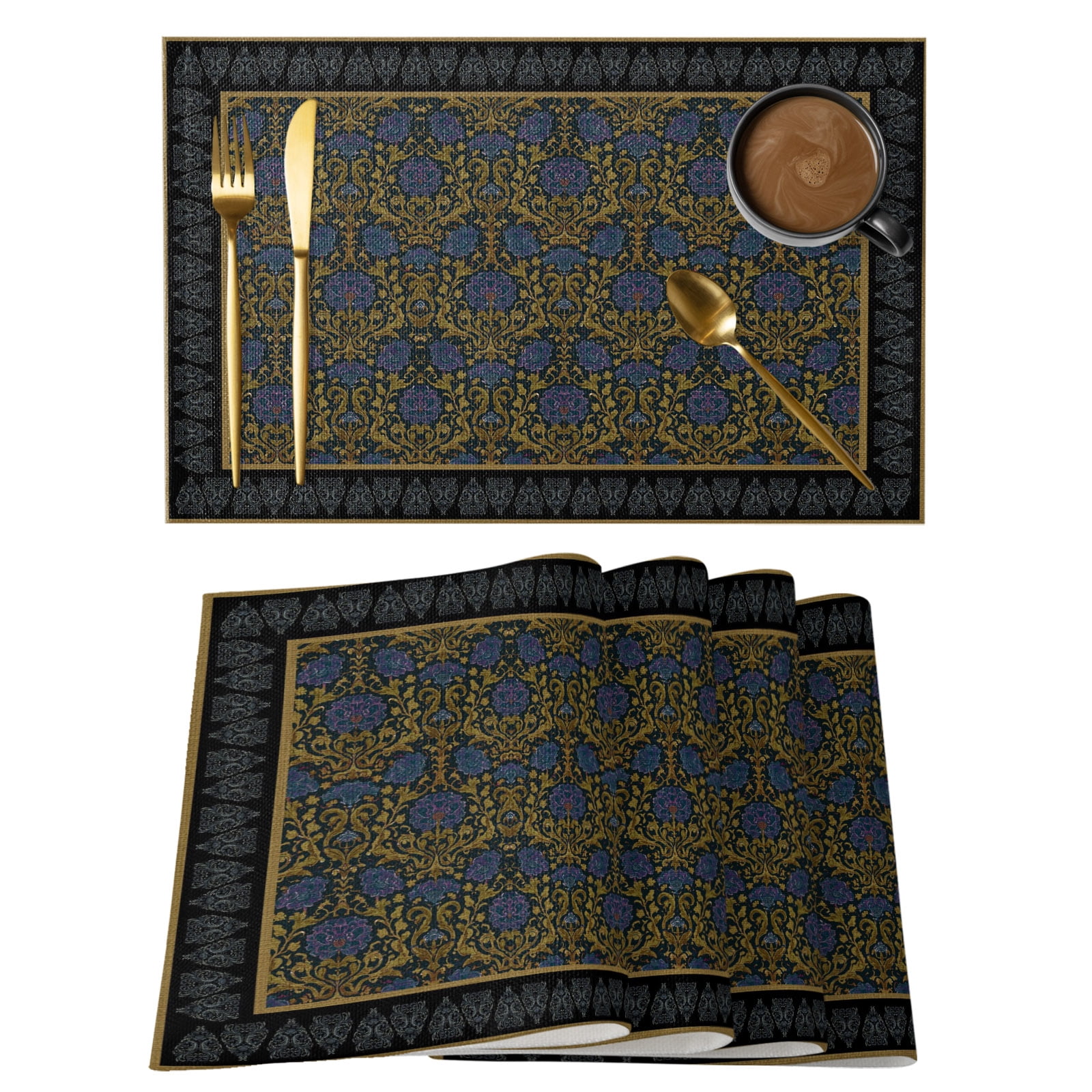 Flowers Cotton Linen Placemats Set of 1, Ethnic Abstract Blue Rose ...