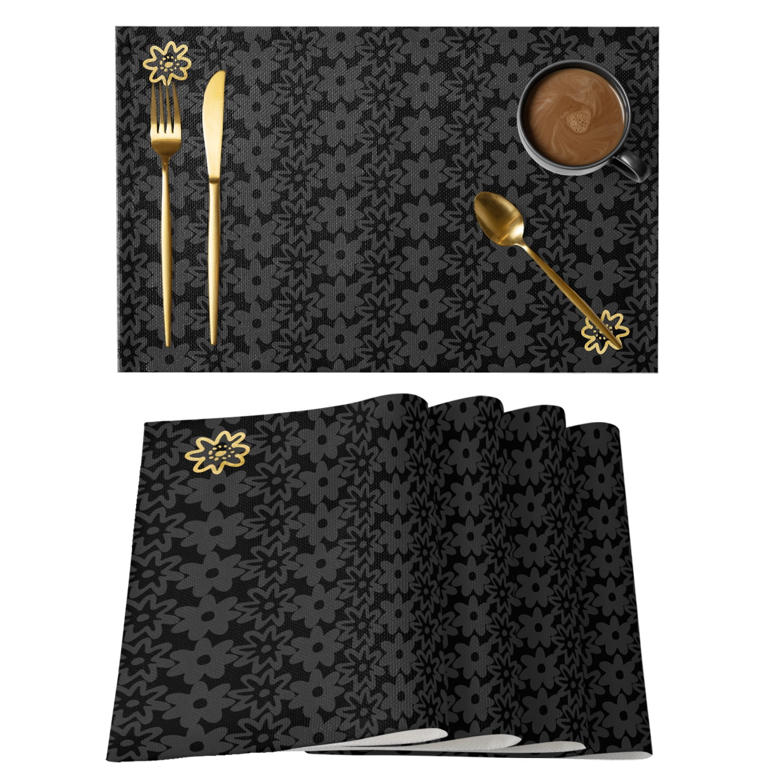 Flowers Cotton Linen Placemats Set of 1, Spring Black Yellow Daisy ...