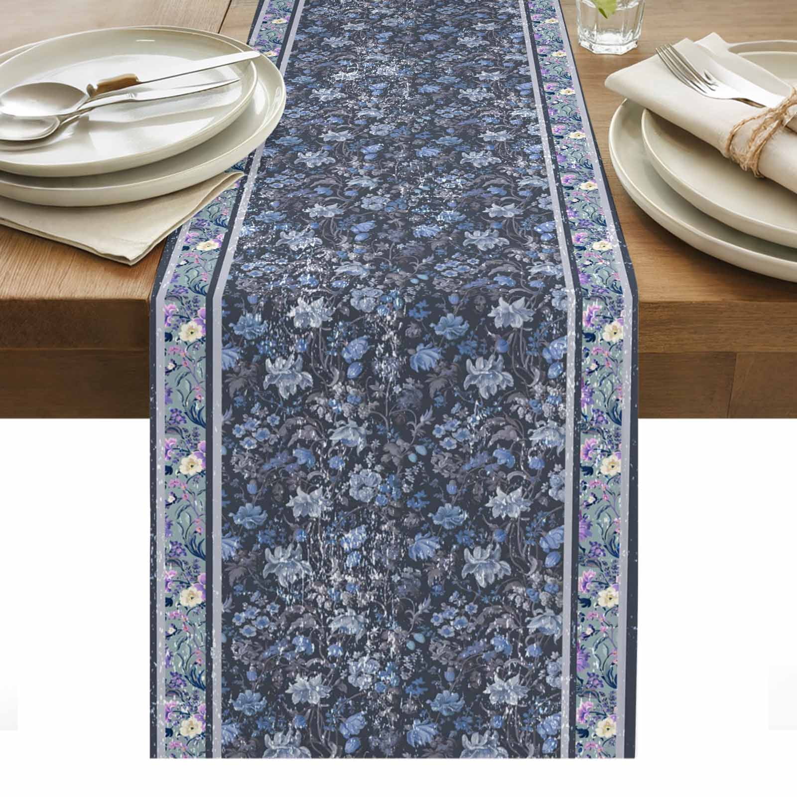 Flowers Cotton Linen Table Runner Ethnic Abstract Blue Purple Floral ...