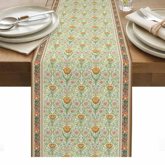 Flowers Cotton Linen Table Runner Ethnic Abstract Yellow Pink Floral ...