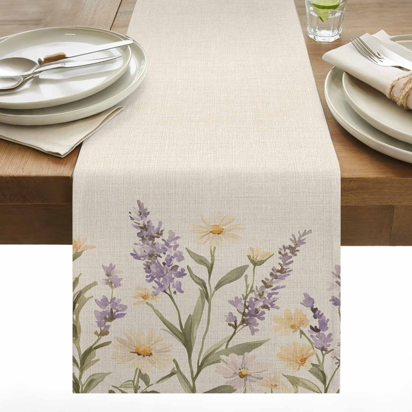Flowers Cotton Linen Table Runner Vintage Watercolor Purple Yellow ...