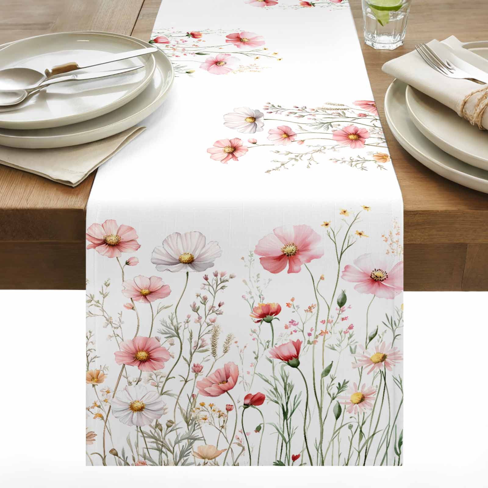 Flowers Cotton Linen Table Runner Watercolor Floral Dining Table ...