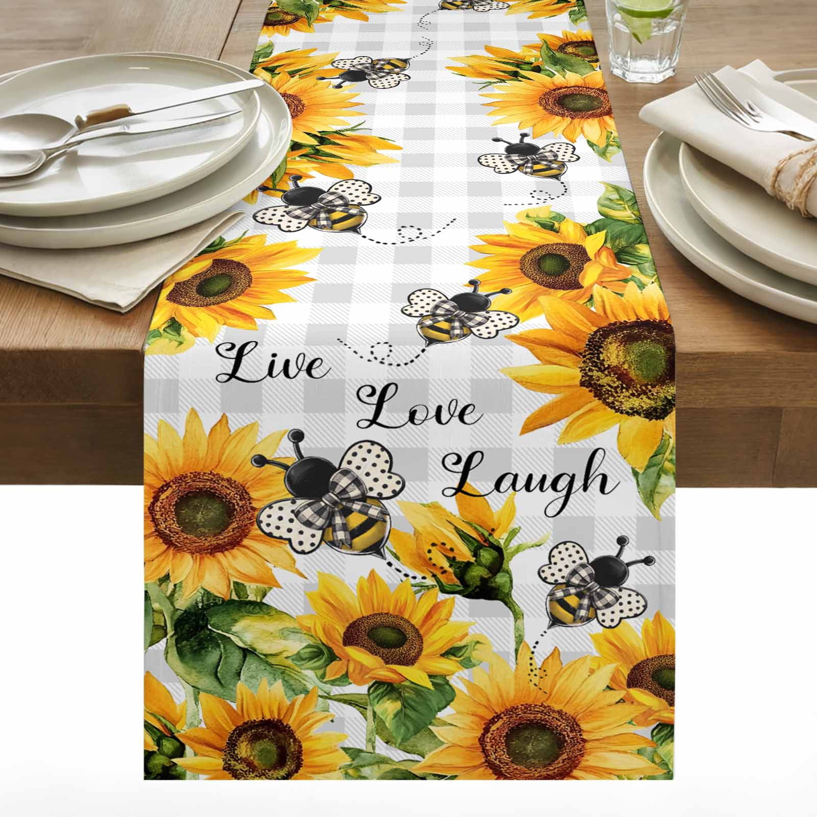 Flowers Cotton Linen Table Runner Watercolor Yellow Sunflower Floral ...