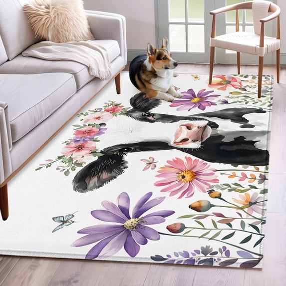 Flowers Cow Area Rug 3x5 FT, Non Slip Entryway Bedside Carpet, Spring ...