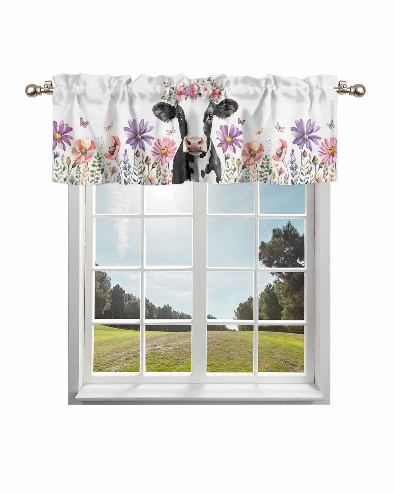 Flowers Cow Curtain Valance for Windows/Living Room/Kitchen/Bathroom ...