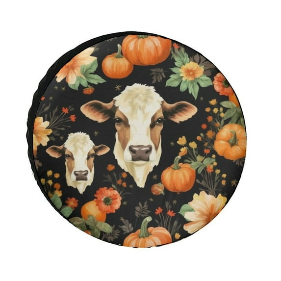 Flowers Cow Fall Pumpkins Spare Tire Cover Autumn Thanksgiving Pumpkin ...