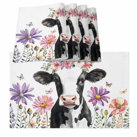 Flowers Cow Placemats for Dinning Table Set of 6, Spring Botanical ...