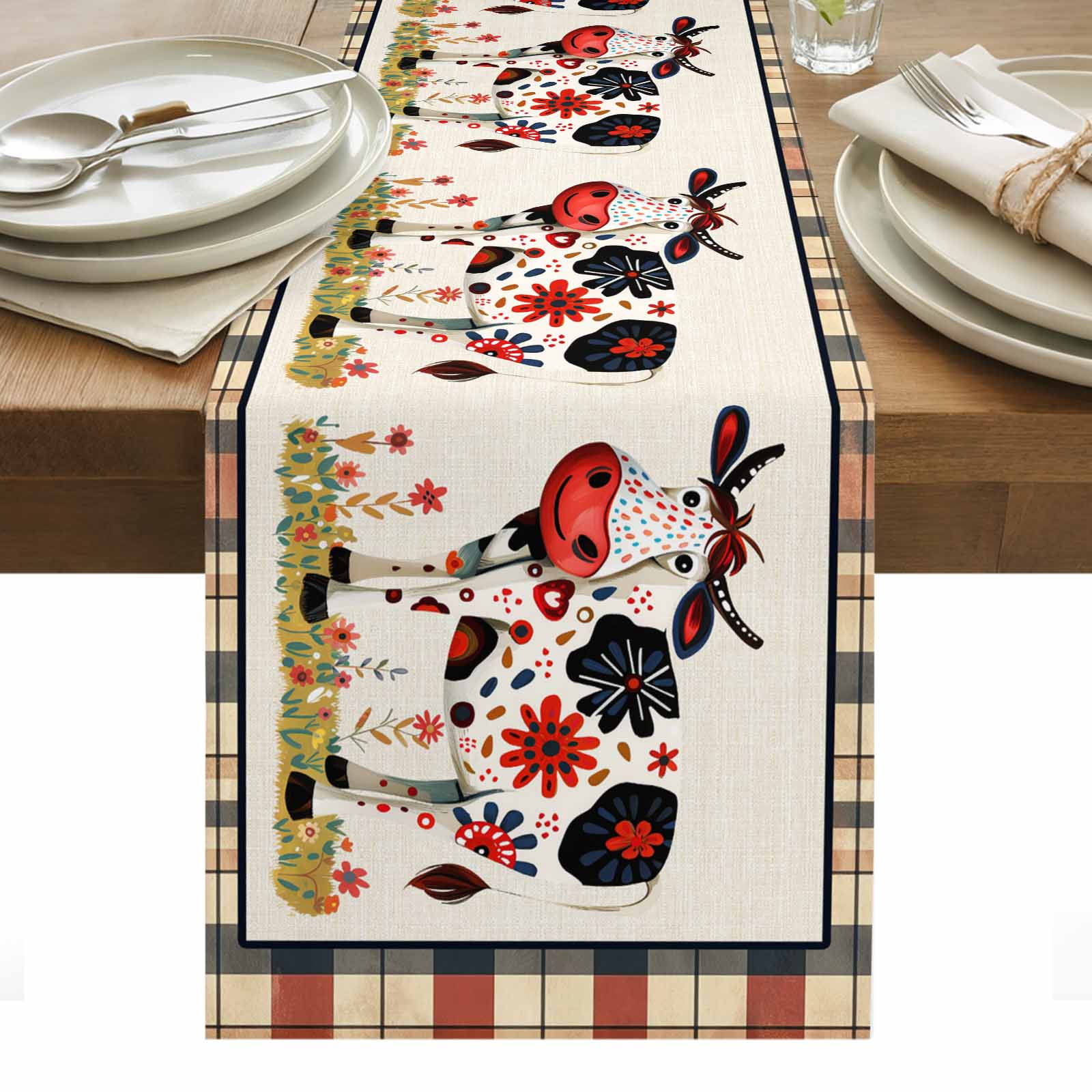 Flowers Cow Table Runner 13 x 48 Inch, Cartoon Floral and Plaid Border ...