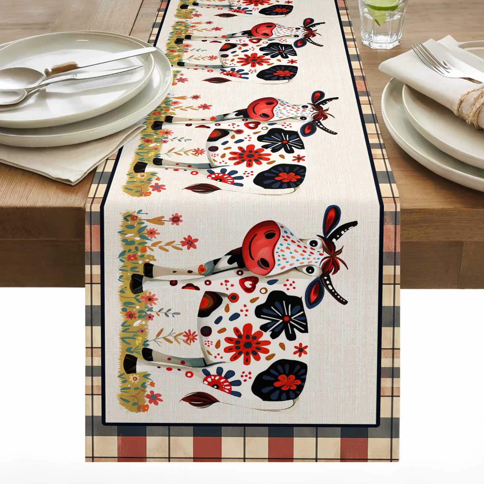 Flowers Cow Table Runner 13x48 inch Cartoon Floral and Plaid Border ...