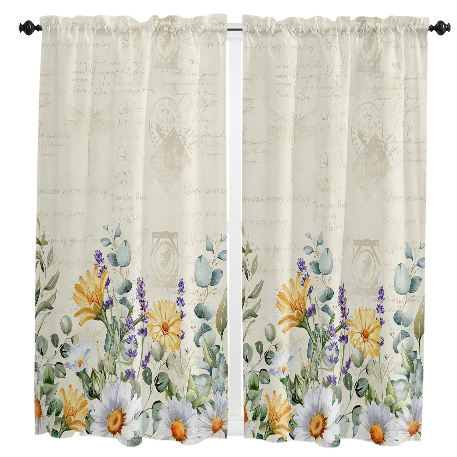 Flowers Daisies Clover Eucalyptus Plants Rod Pocket Short Curtain Half ...