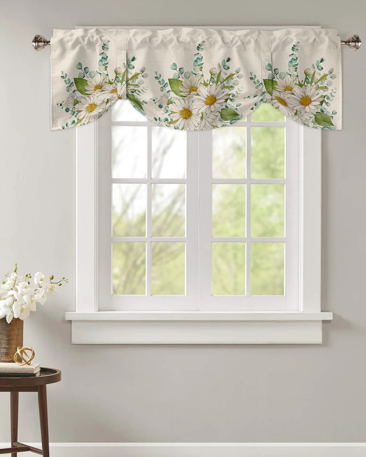 Flowers Daisies Eucalyptus Leaves Kitchen Valance Curtain Window ...