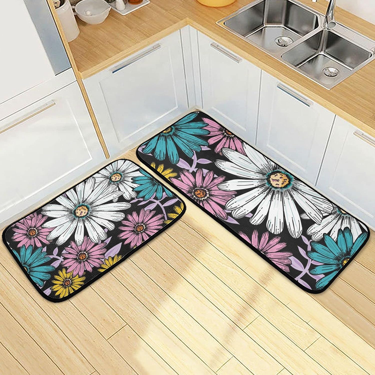 Flowers Daisy Colorful Kitchen Rugs 2 Pieces, Hand Drawn Floor Mat Room ...