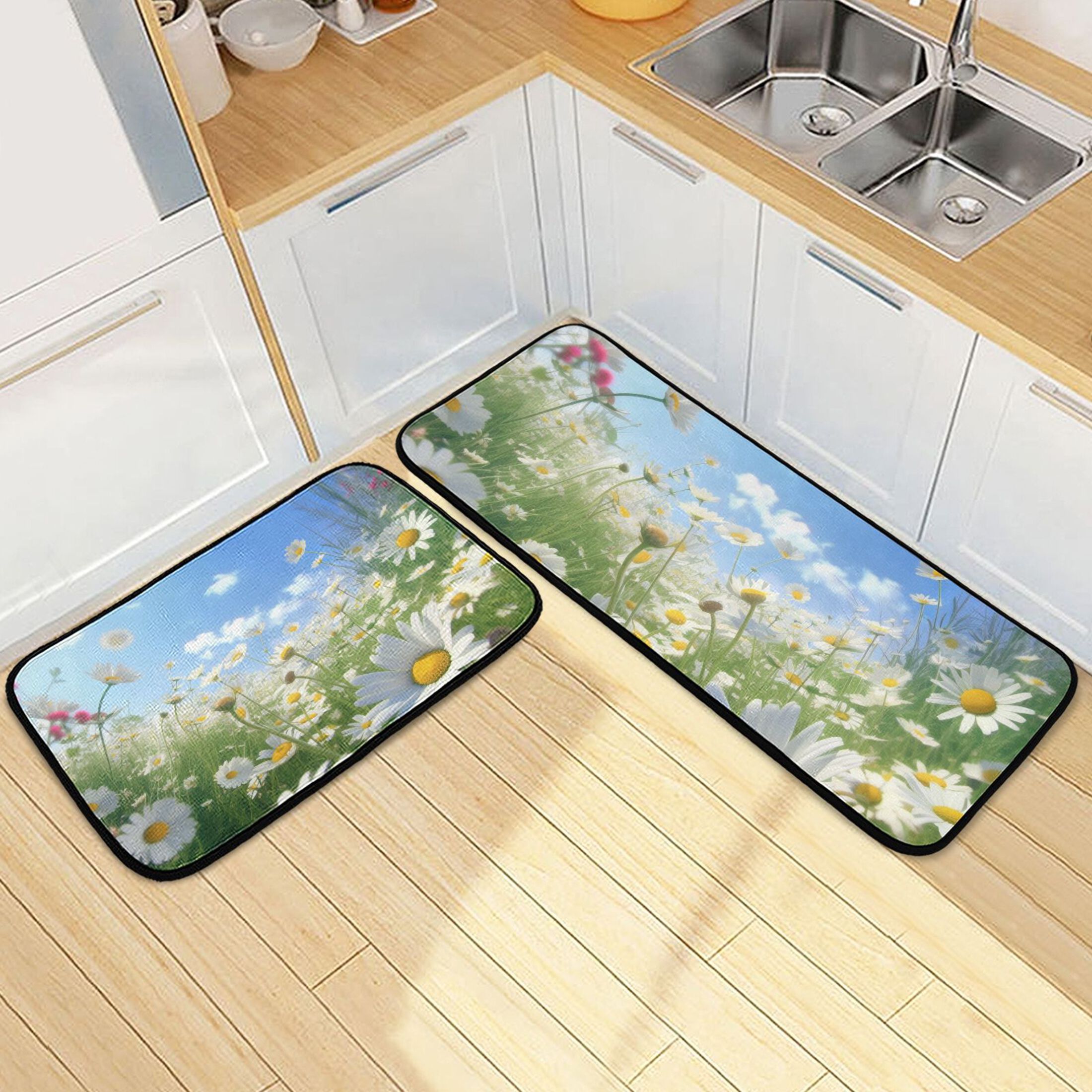 Flowers Daisy Kitchen Rugs Set of 2 Non Slip Floor Foam Mat Cushioned ...