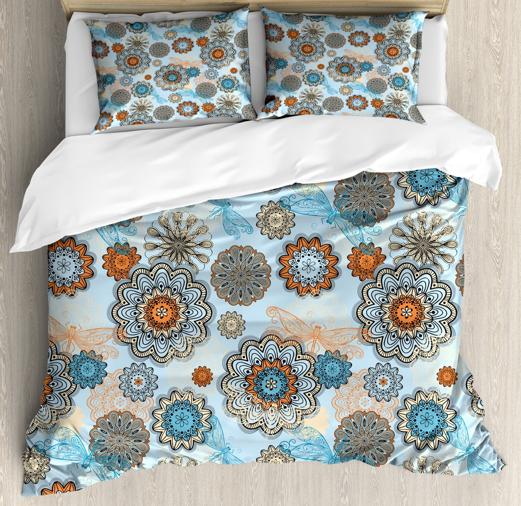 Flowers Duvet Cover Set, Abstract Symmetric Flowers and Dragonflies ...