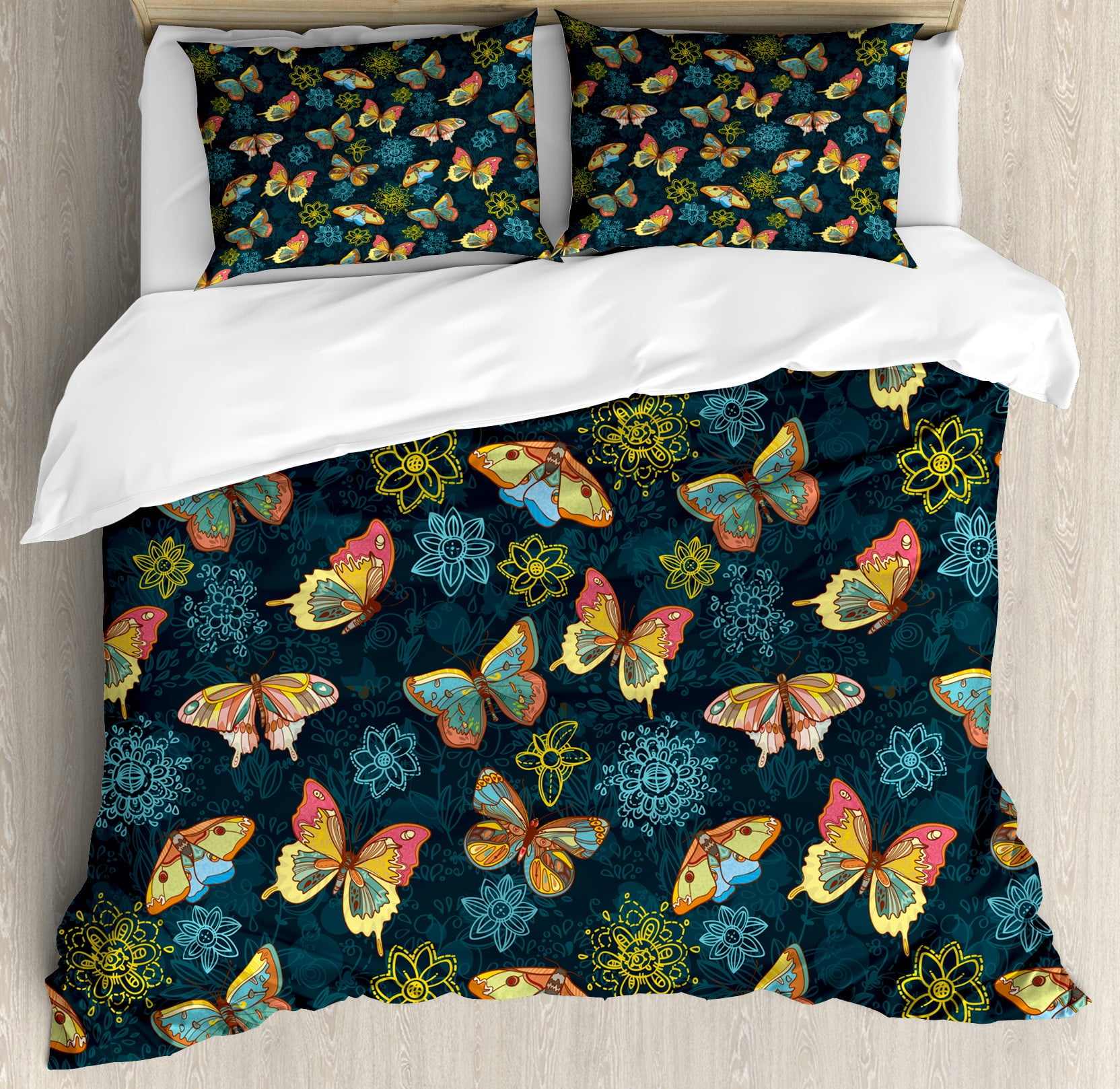 Flowers Duvet Cover Set, Butterflies and Flowers Springtime Nature ...