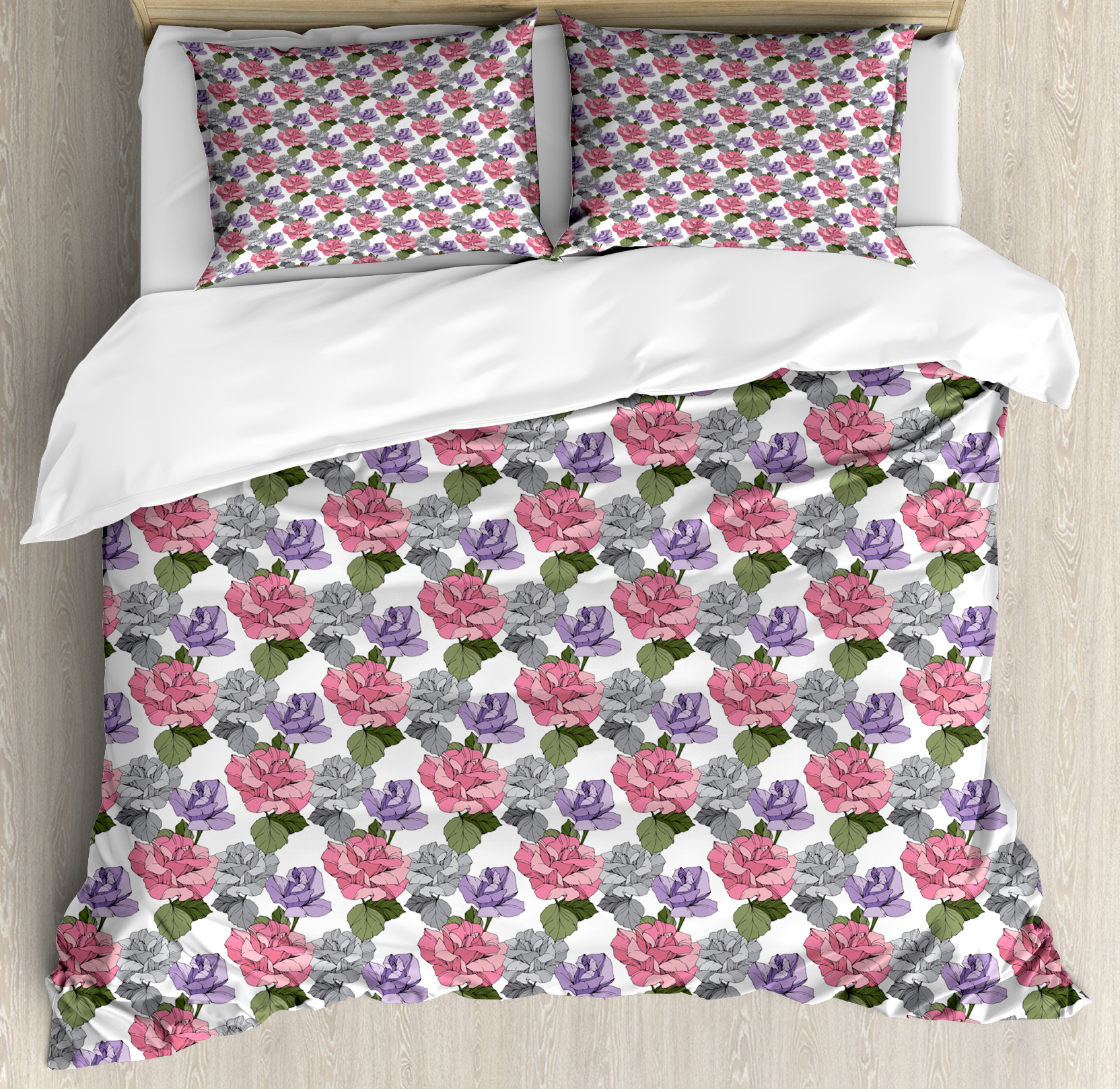 Flowers Duvet Cover Set, Floral Theme Botanical Illustration Pink and ...