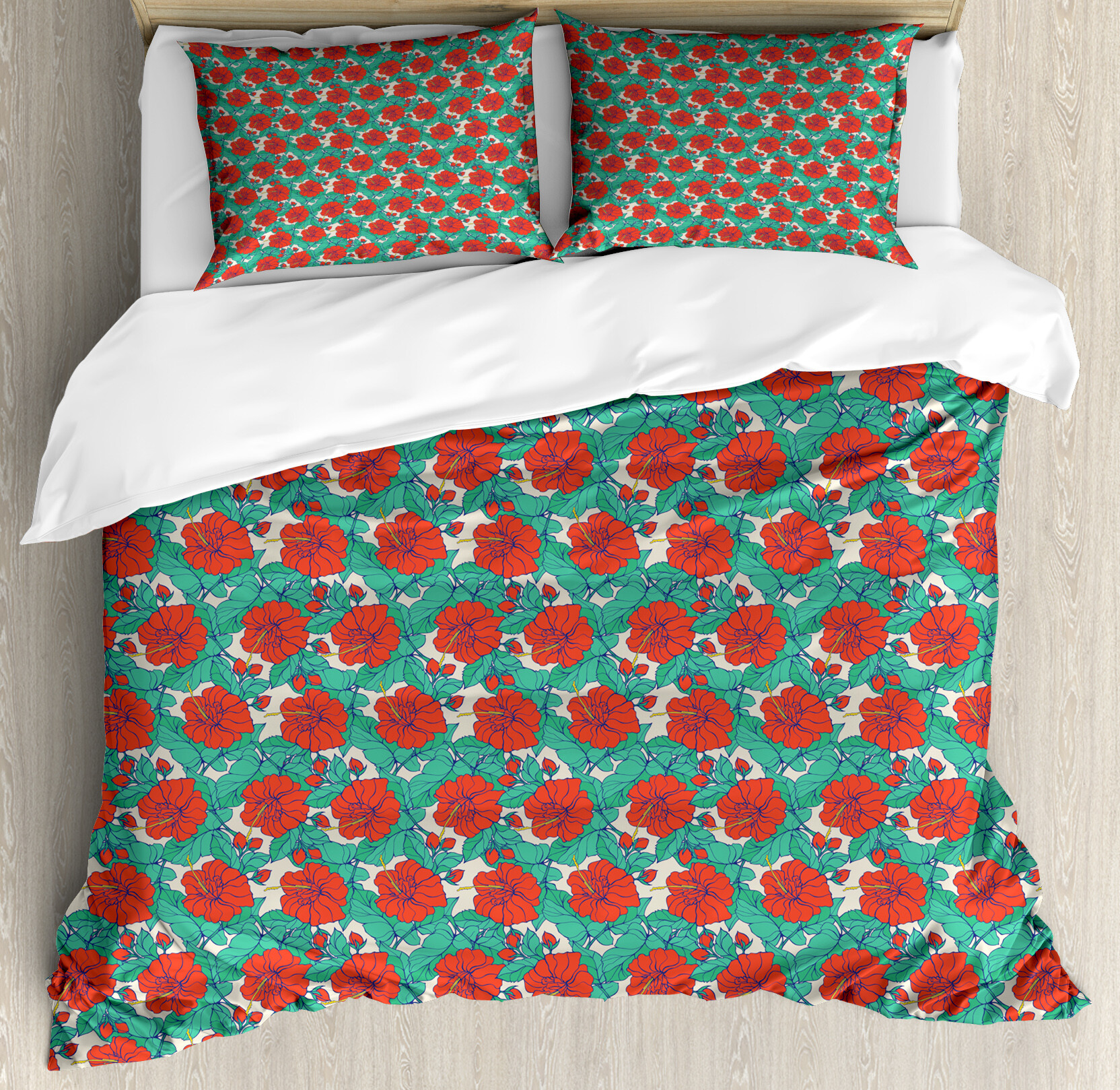 Flowers Duvet Cover Set, Hibiscus Blossom Bouquets Pattern Exotic Buds ...