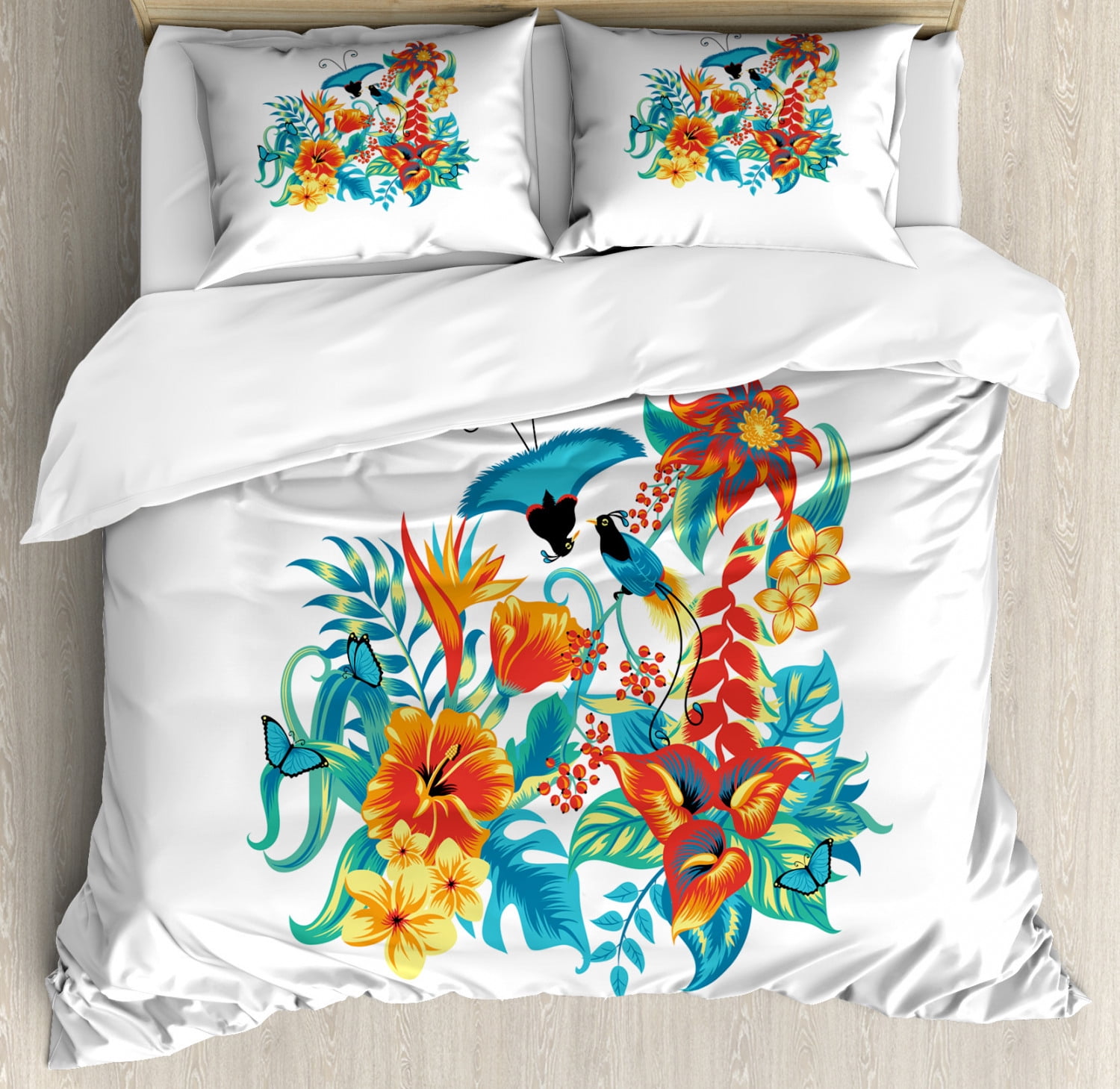 Flowers Duvet Cover Set King Size, Tropical Exotic Jungle Foliage with ...