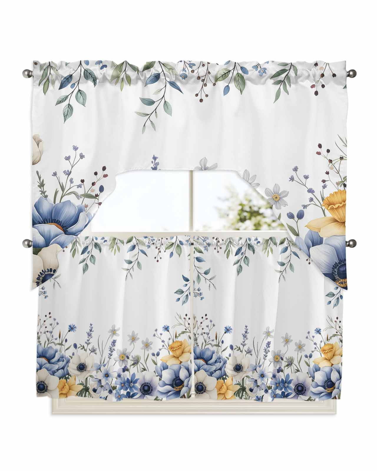 Flowers Eucalyptus Kitchen Curtain and Valance Set 3 Pieces,Rod Pocket ...