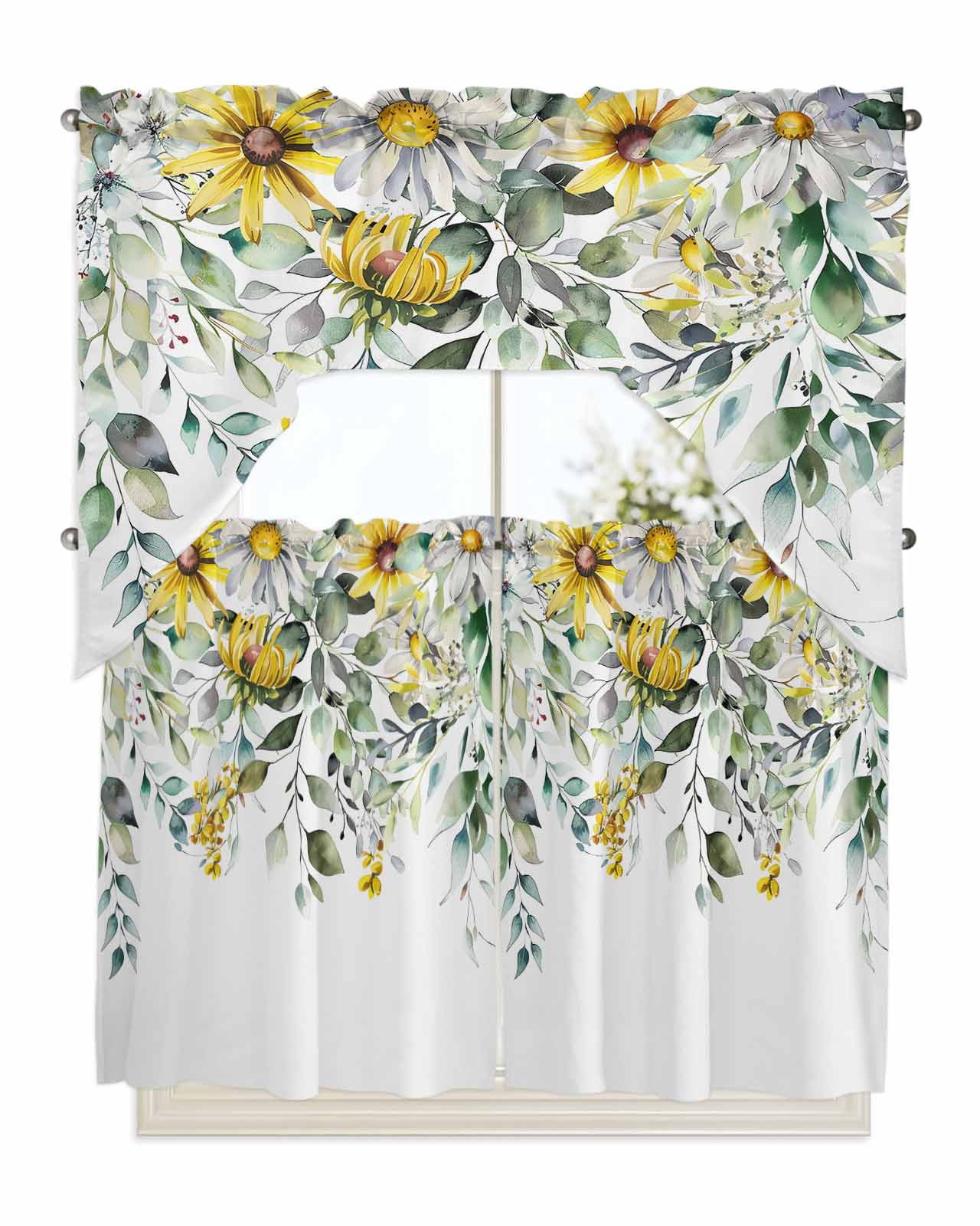 Flowers Eucalyptus Kitchen Curtains Swag Valance and Tier Curtains Set ...