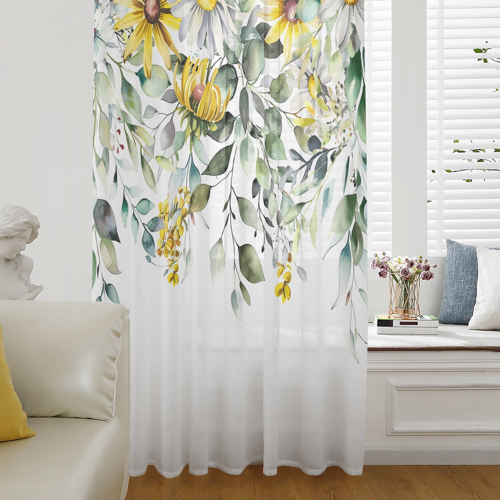 Flowers Eucalyptus Sheer Curtains 84 Inch Length, Light Filtering Voile ...