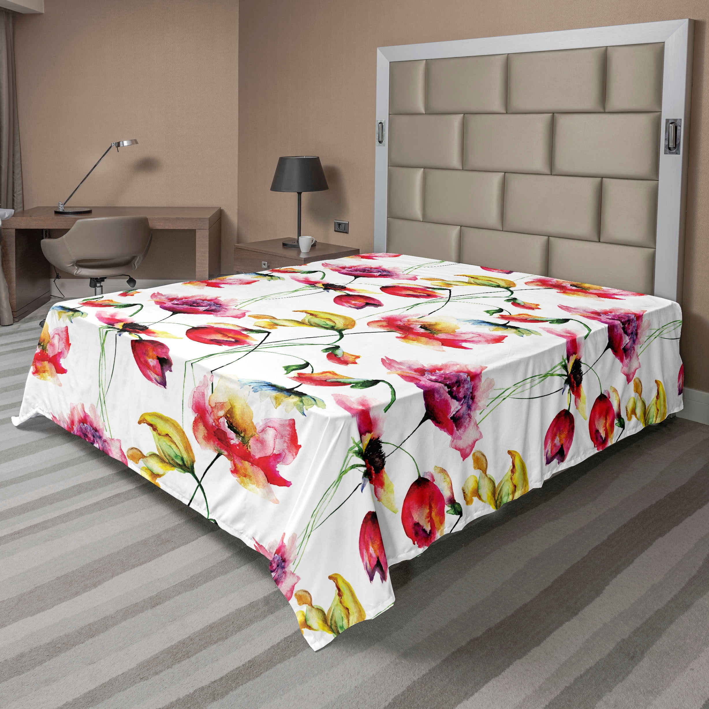 Ambesonne Flowers Flat Bedding Sheet Soft Top Sheet, Watercolor Look ...
