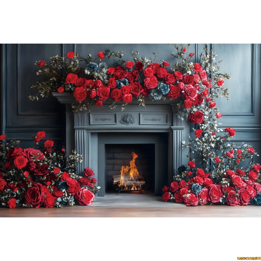 Flowers Floral Backdrop February 14th Valtine's Day Retro Fireplace ...