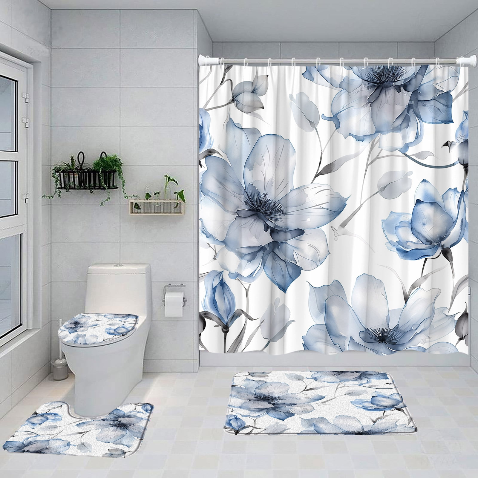 Flowers Floral Bath Curtain Set Watercolor Flower Butterflies Plants ...