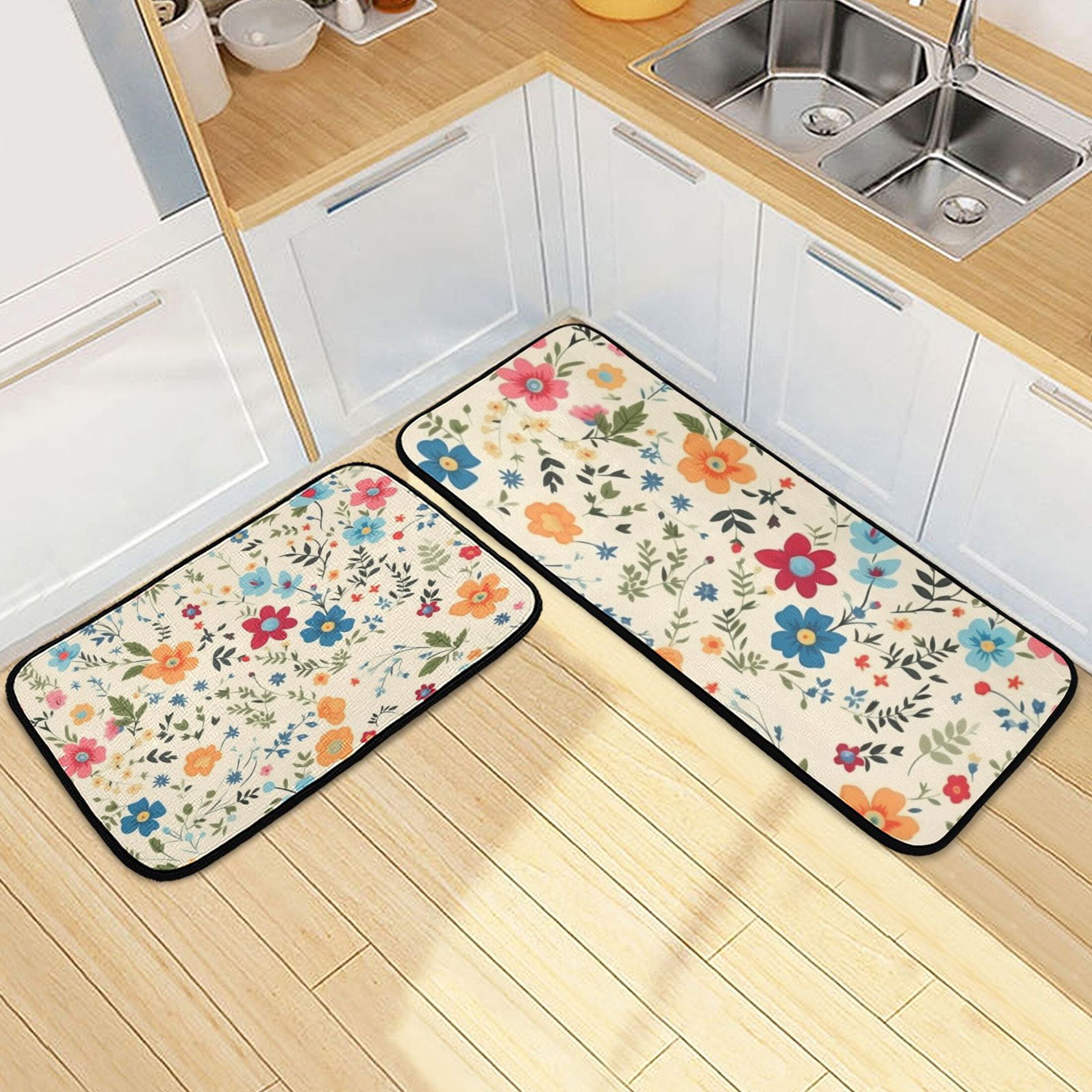 Flowers Floral Beautiful Kitchen Rugs Set of 2 Non Slip Floor Foam Mat ...